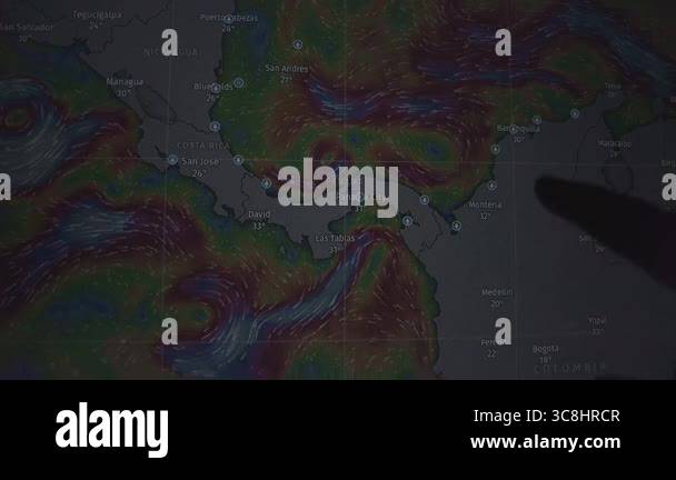 Animated weather map of Central America showing wind patterns and city ...