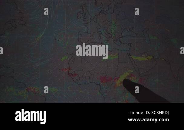 Animated world map showing weather patterns, wind, and precipitation data. Camera is static ...