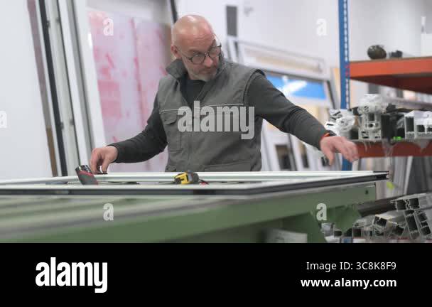 Skilled carpenter meticulously assembling a white aluminum window frame ...
