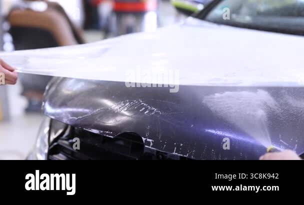 Car detailer applying protective film on vehicle hood ensures scratch ...
