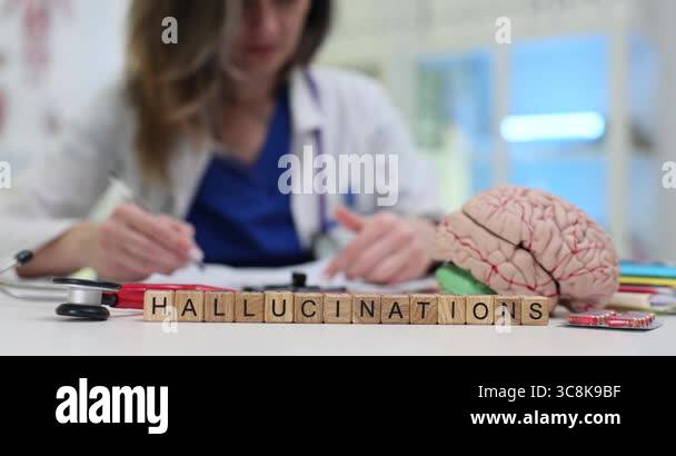 Text Hallucinations of wooden blocks and brain model on doctor desk ...