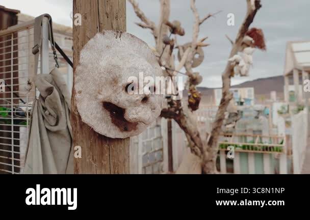 Smiling skull mask hangs on a wooden post in a deserted area with other strange objects and a ...