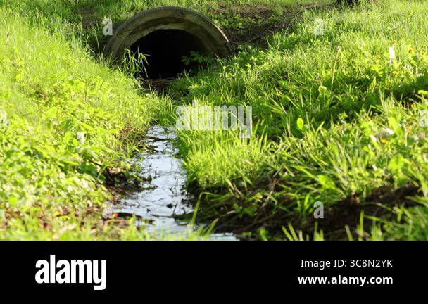 A stream of water flows towards a concrete drain pipe Stock Video ...