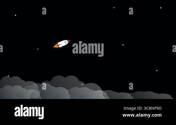 Colorful rocket flying through night sky full of stars. Whimsical space ...