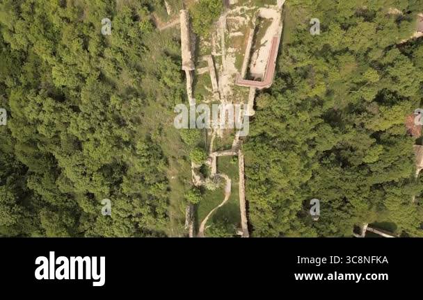 Aerial top down fly over view Ujarma Fortress ruins. Ancient Hilltop ...