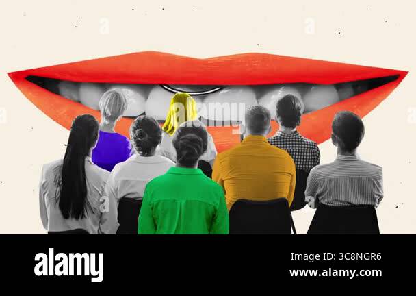 Stop motion. Animation. Audience facing giant lips with bold colors and ...