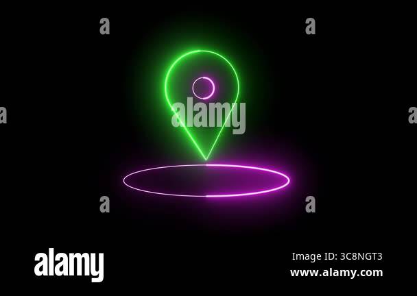 Glowing neon green location pin icon set against a black background ...