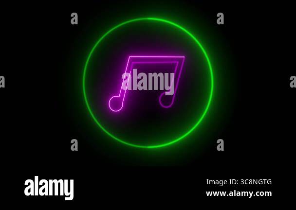 Neon violet music icon surrounded by a glowing green circle, pulsing ...