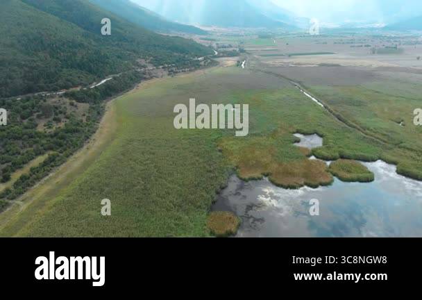 Aerial view of Stymphalia lake, located in the north-eastern part of ...