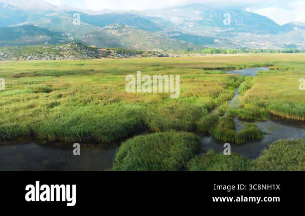 Aerial view of Stymphalia lake, located in the north-eastern part of ...