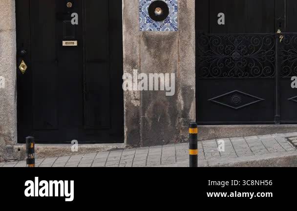 Entrance view with black door and gate on stone facade featuring blue ...