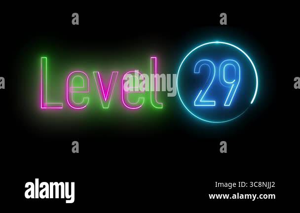 Neon style level 29 sign within a glowing circle. Dynamic digital art ...