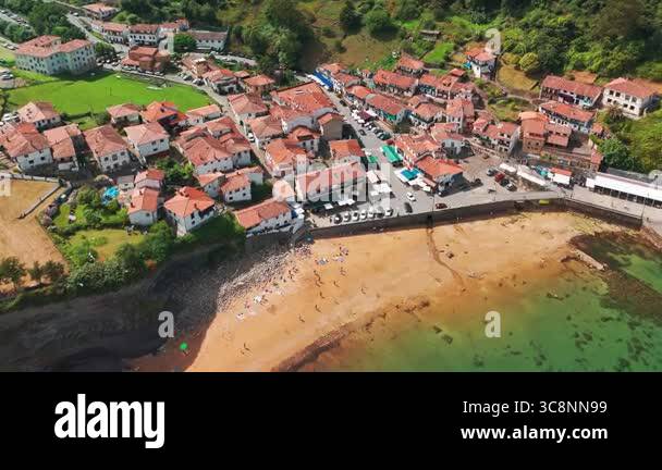Aerial view of the picturesque Tazones fishing village, Villaviciosa ...