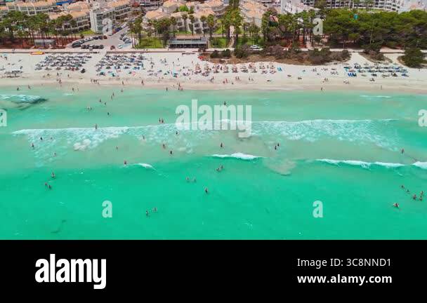 Aerial view of Platja de sa Coma beach in Mallorca, Balearic Islands, Spain. Stunning white sand ...