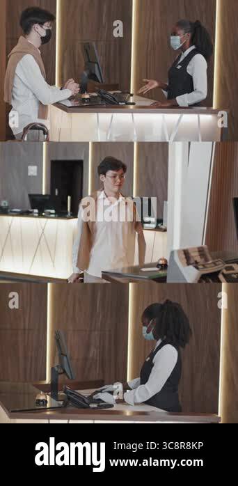 Vertical split screen shot of young male tourist coming to front desk ...