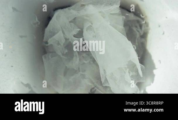 Abstract background of torn paper tissue pieces floating in a clogged ...