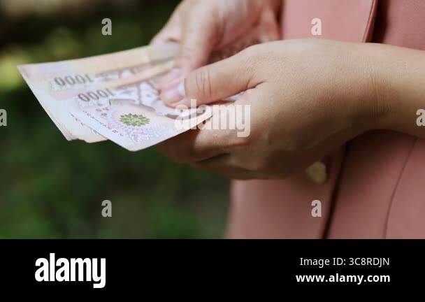 Thai Baht Money Count, Close-up Thai Baht Banknotes in Hand, Business ...