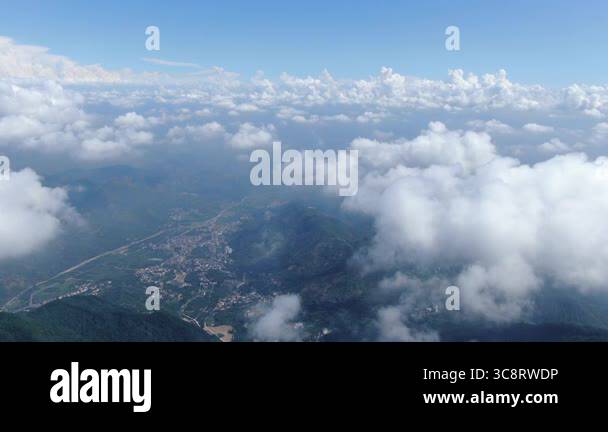 Aerial view of mist covered high mountains. west tianmu mountain in ...