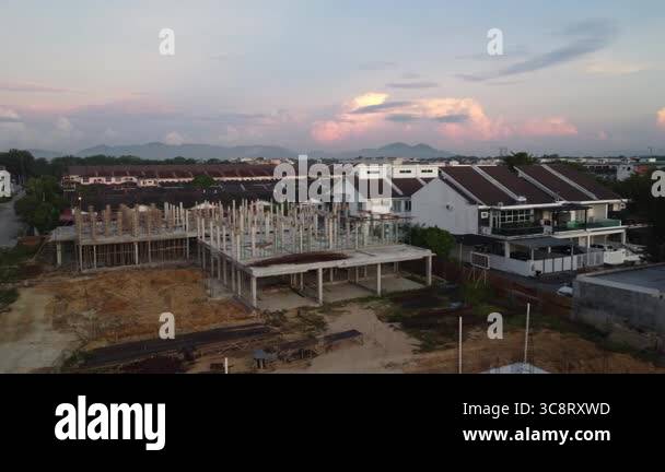 aerial scene of the distance horizon suburb at the dawn of the new day ...