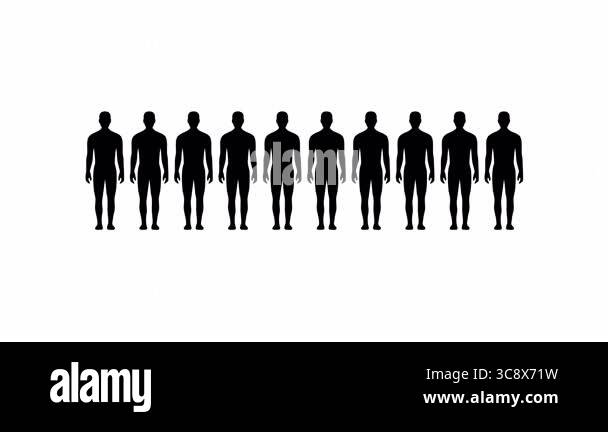 Ten identical black male silhouettes standing evenly spaced in a ...