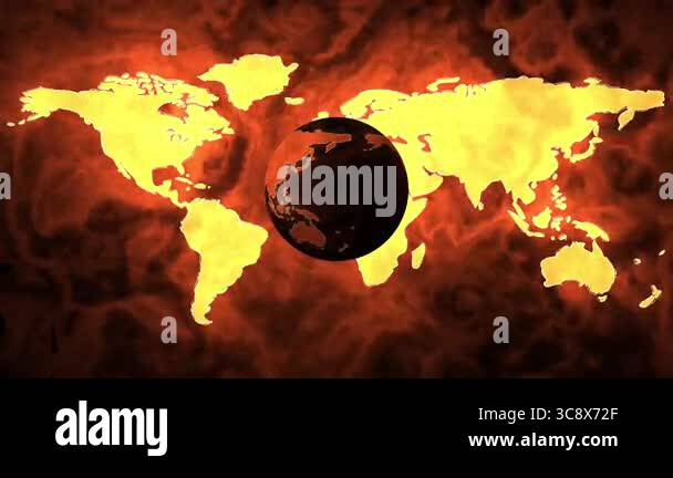 Fiery world map with glowing yellow continents and a dark planet Earth ...