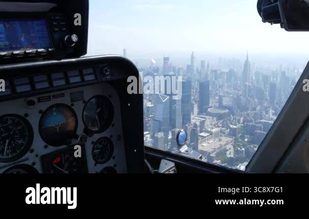 New York City helicopter cabin flight, heli cockpit flying over ...