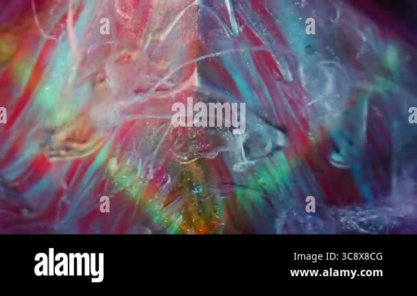 Ink pouring. Paint spill. Colorful pyramid glitter oil smoke swirl ...