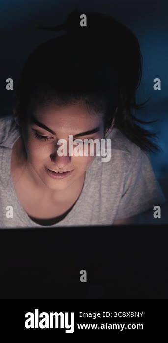 Vertical video. Late chat. Night online. Internet communication. Happy ...