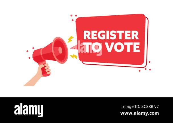 Animated hand is holding a megaphone with register to vote message ...