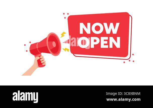 Cartoon animation of now open announcement with megaphone, green screen ...