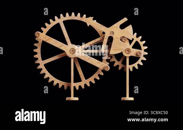 Looping animation of a mechanical construction made of wooden gears ...
