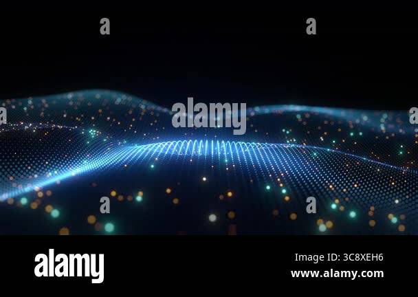 Abstract tech wave with glowing dots and light particles on dark ...