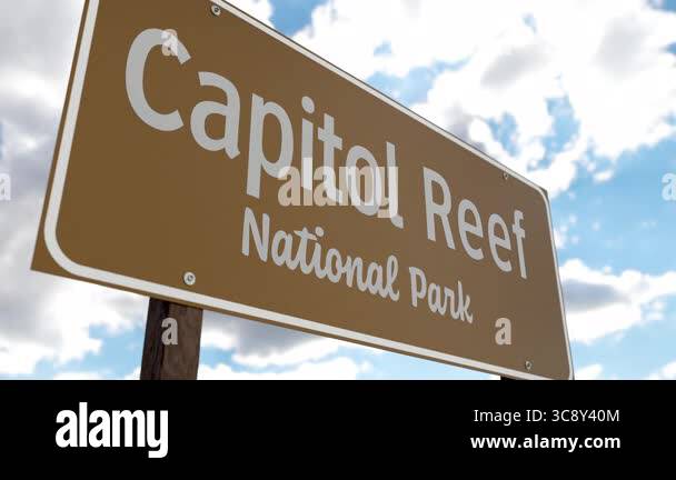 Capitol Reef National Park (Utah) Road Sign Against Blue Sky and Clouds ...