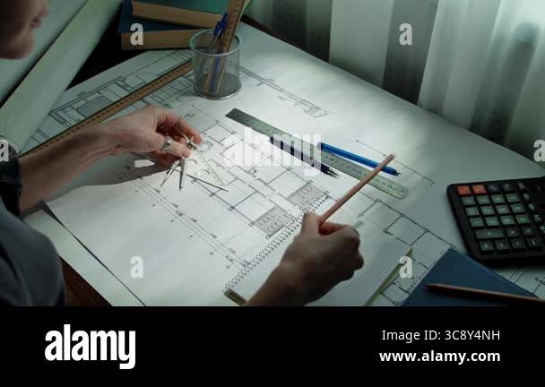 Architects workspace showing blueprints drafting Stock Videos & Footage ...