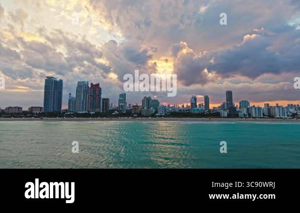 Cityscape Miami south beach, USA. Aerial dramatic sky view. Dramatic ...