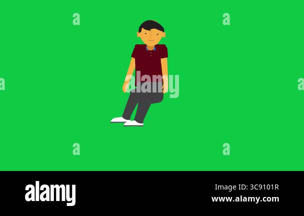 A cartoon character sitting and waving a hand animation with a green ...