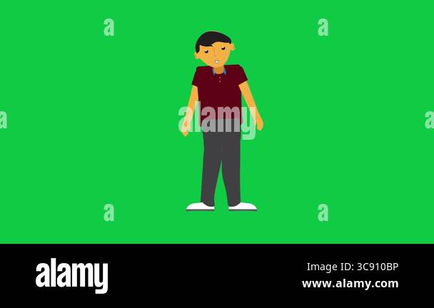 Cartoon character with sad expression animation and green screen ...