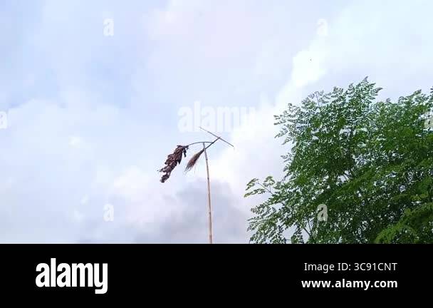 Video footage of a bamboo windmill spinning following the wind current ...