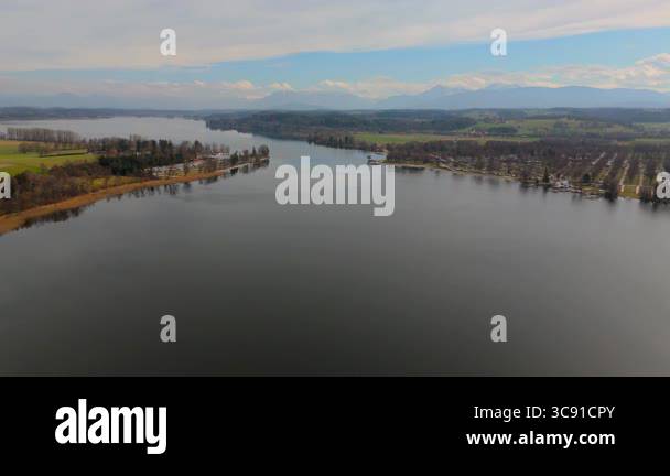 Aerial view of Waginger See near Tettenhausen, Bavaria, Germany, clear ...