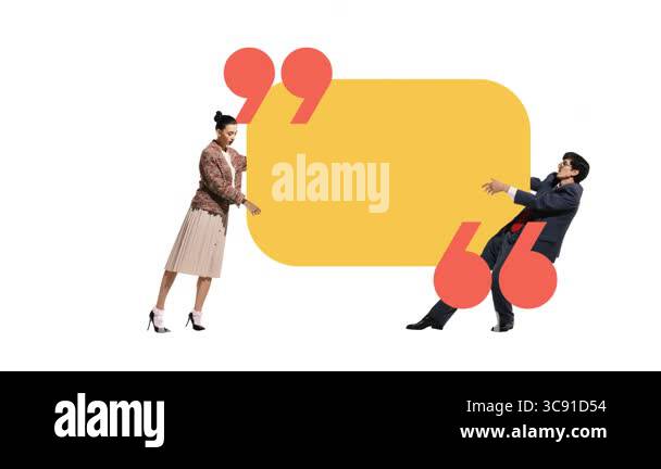 Man and woman holding quote bubble. Collaborative testimonial shaped by ...