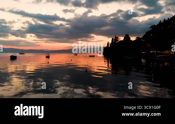 Sunset drone 4k footage of beautiful UNESCO city. Ohrid, Macedonia ...