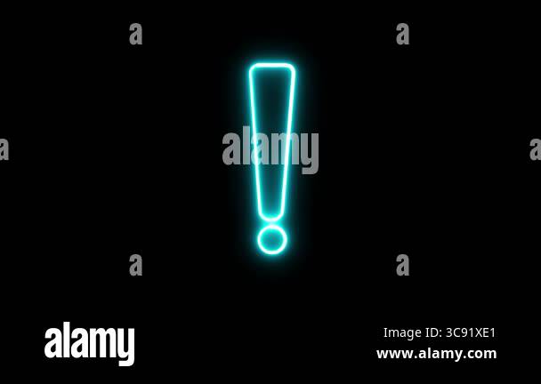 Glowing exclamation mark animation in neon style. Bright warning symbol ...