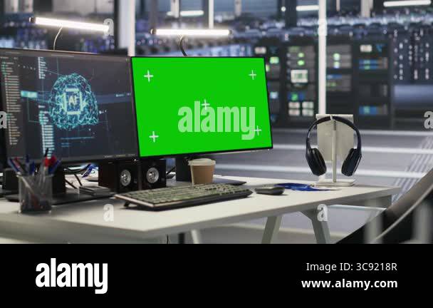 Green screen desktop PC set up in data center overseeing server infrastructure powering ...