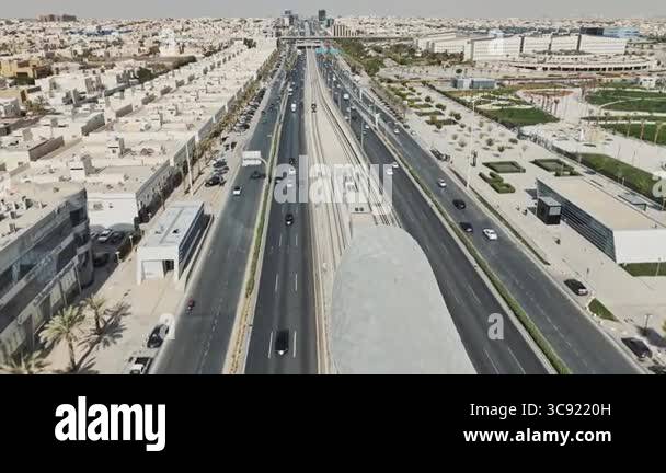 Modern highway and metro infrastructure in Riyadh Saudi Arabia drone ...