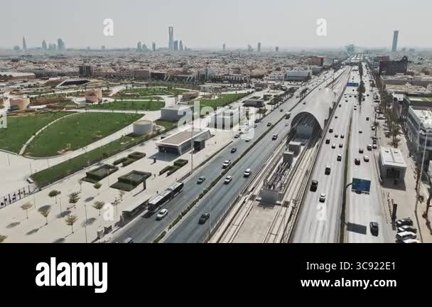 Modern highway and metro infrastructure in Riyadh Saudi Arabia drone ...