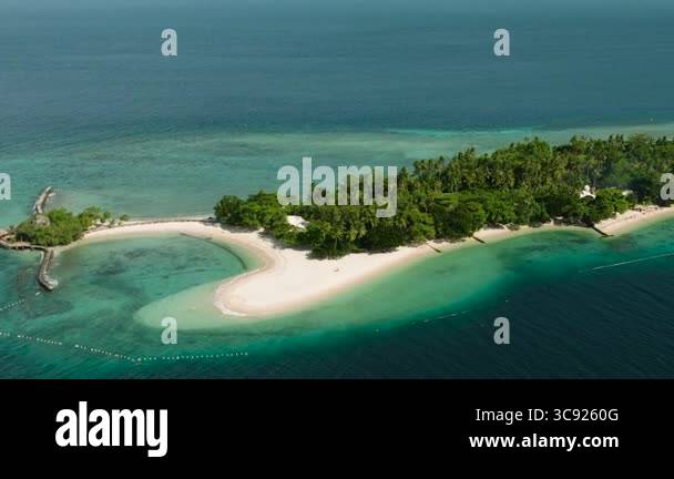 Boat over the blue sea, coastline with white sand in the Island ...