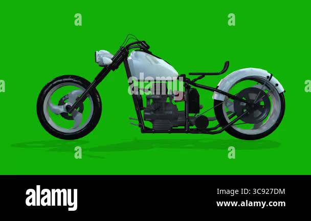 Bobber Motorcycle 3D Rendering Animation View From Left Side On Green ...