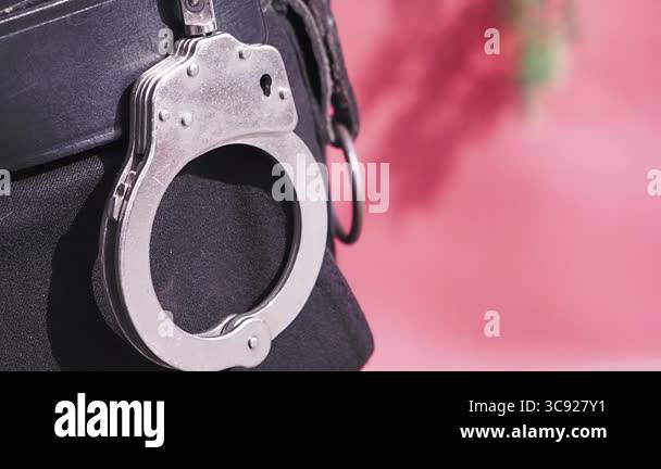 A close look at handcuffs attached to a police officers belt Stock ...