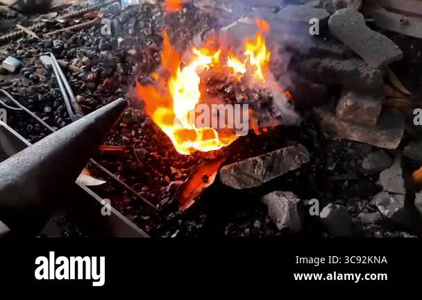 Hot Steel Heated in Traditional Blacksmith Forge Stock Video Footage ...