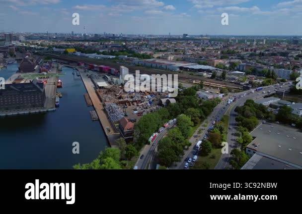 Aerial view of Berlin Westhafen industrial port with fuel storage tanks ...